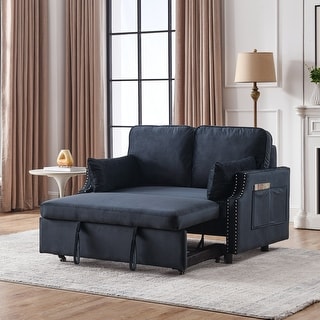 50" Velvet Upholstered Sleeper Sofa with Side Storage Pockets, Pull-out Sofa Bed with 2 Pillows ...